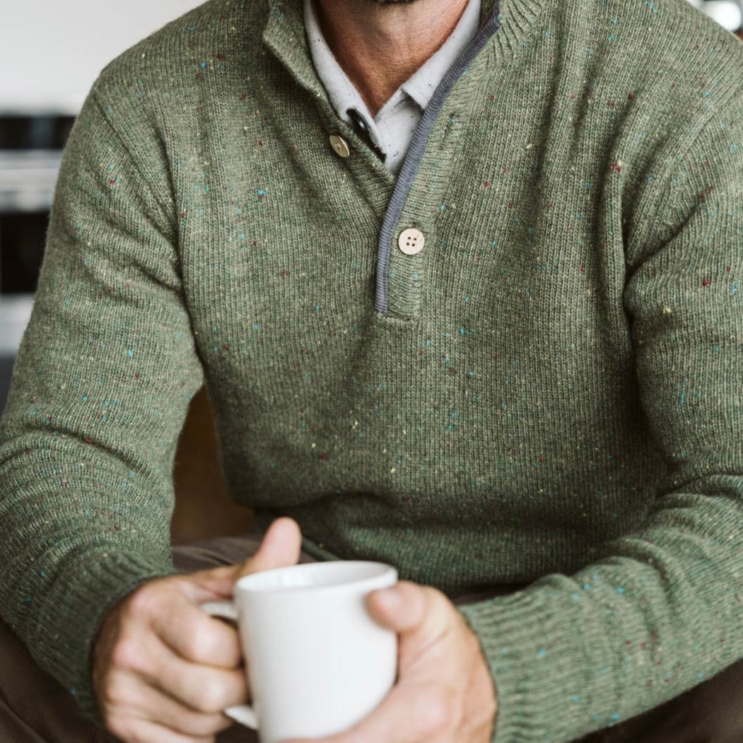 Quarter Button Wool Sweater | Pine Fleck
