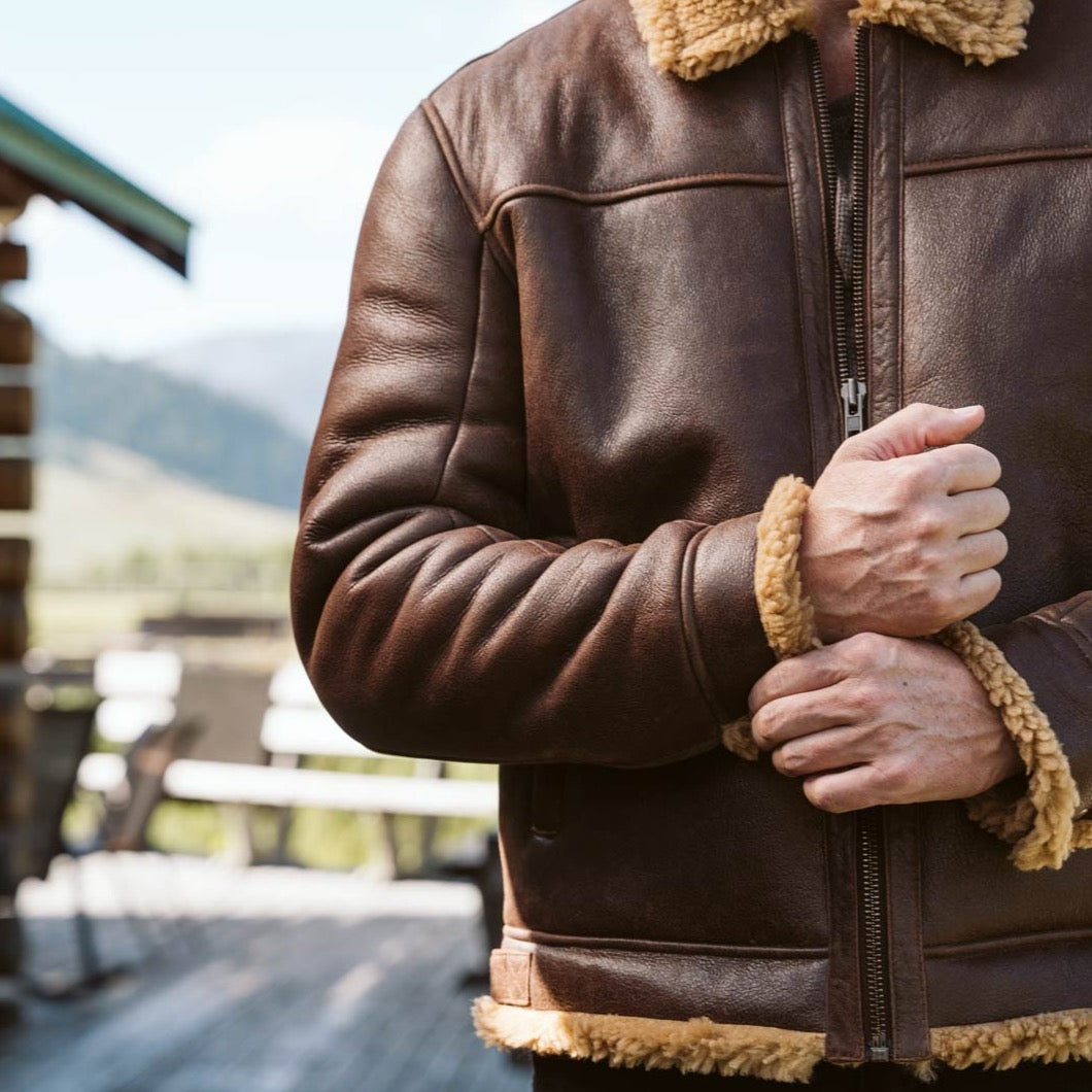 Brown Shearling Leather Bomber Jacket | Buffalo Jackson