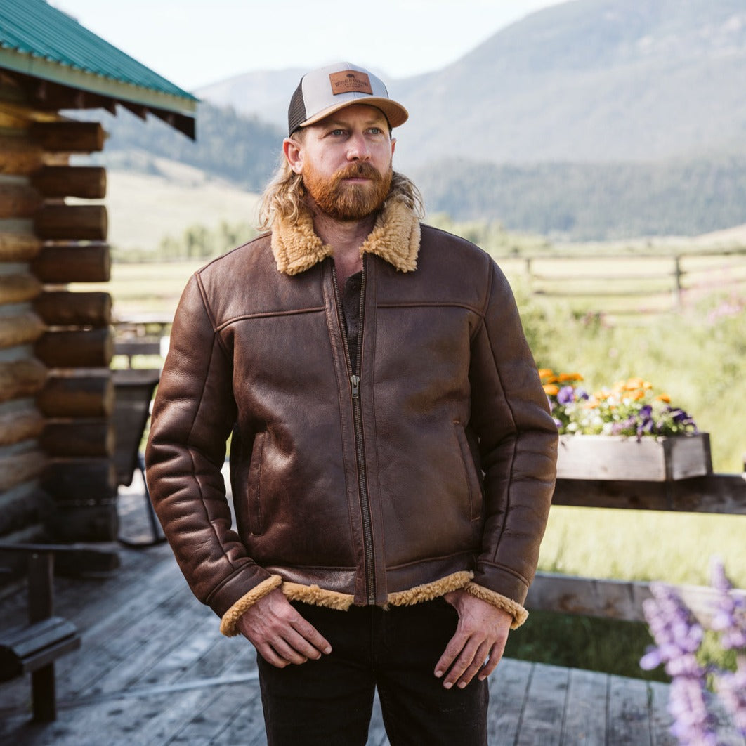 Brown Shearling Leather Bomber Jacket | Buffalo Jackson